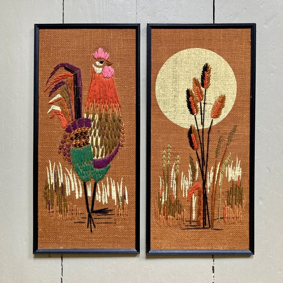 Accents | Vintage Wall Art String Art Panels Rooster Cattails Woven ...